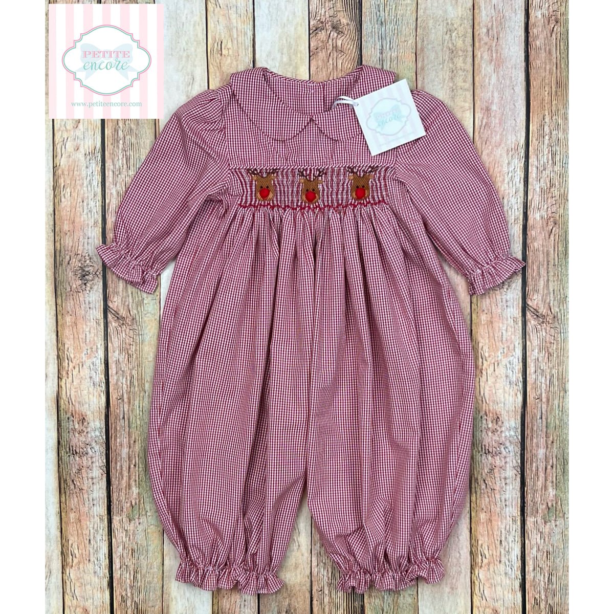 Reindeer themed smocked one piece 9m – Petite Encore